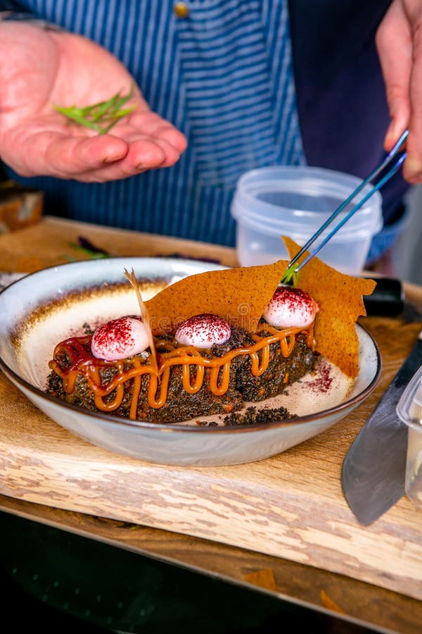 Chef Decorates Dessert with Chocolate Sponge Cake. Master Class in the ...