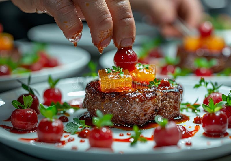 Chef Decorating Beef Steak with Tomatoes and Herbs Stock Photo - Image ...