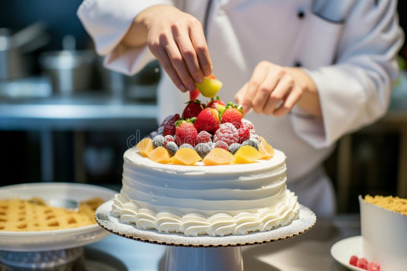 Chef Decorating a Cake with Fresh Fruit Toppings Stock Photo - Image of ...