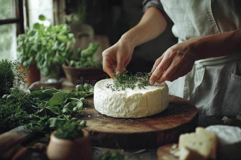 Chef Decorating Cheese Wheel with Fresh Thyme and Herbs Stock Photo ...