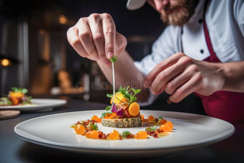 Chef Decorating Tartare with Fresh Vegetables on a White Plate ...
