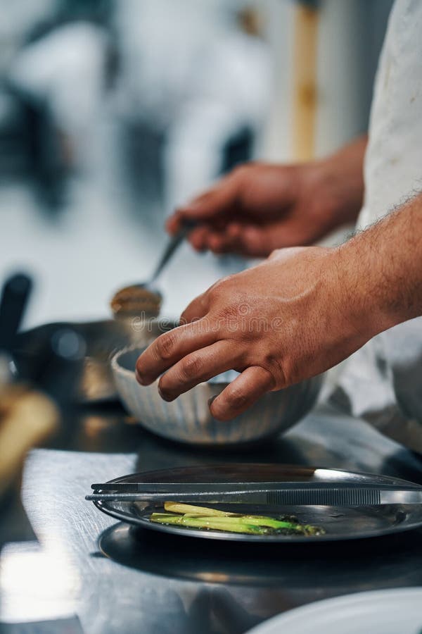 Chef Dishing Out in Professional Kitchen Stock Photo - Image of ...
