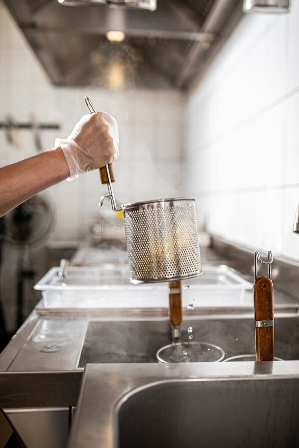 Chef Drains the Boiled Noodles for Ramen Stock Image - Image of food ...