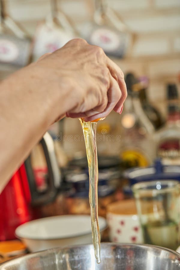 Chef Drives an Egg into Bowl for Cherry Pie, Clafoutis. Step by Step ...