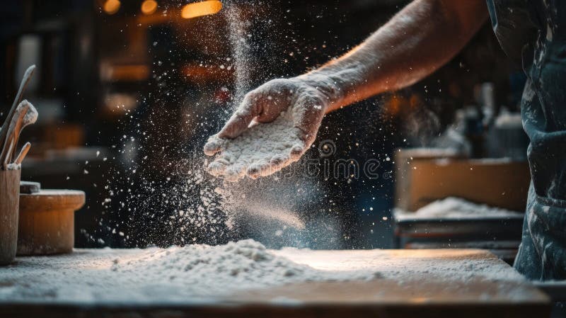 Chef Dusting Flour on a Rustic Workbench in a Kitchen Stock Image ...