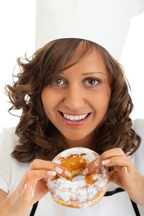Chef eating donut stock image. Image of front, single - 48856589
