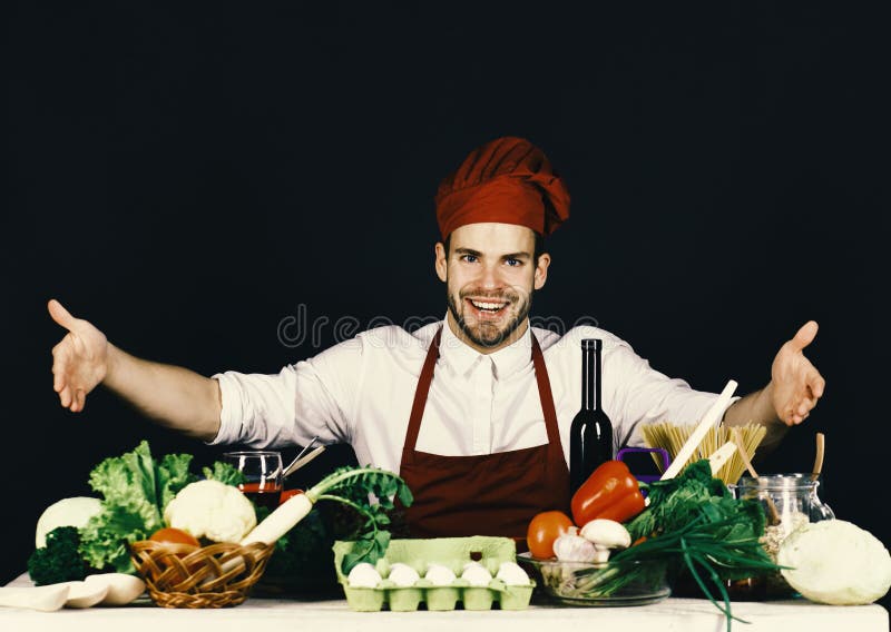 Chef with Excited Face on Black Background. Kitchenware and Cooking ...