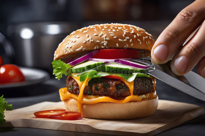 Chef Expertly Decorates a Burger with Fresh Toppings in a Professional ...