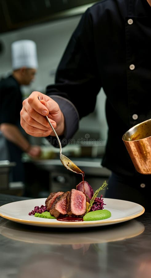 Chef Finishing Steak Dish stock image. Image of cutting - 370016741