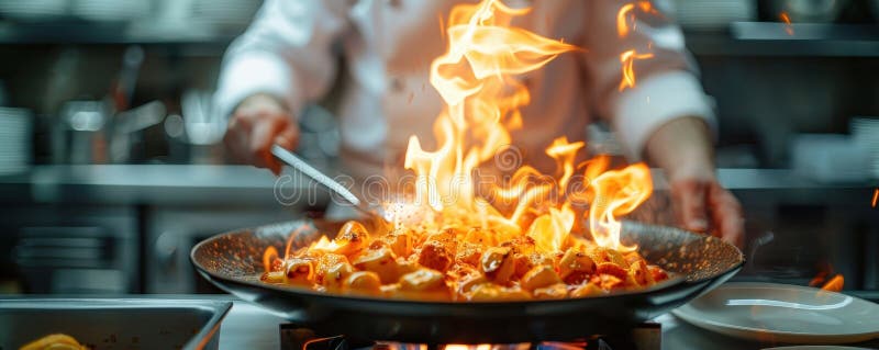 Chef Flambeing a Dish in a High-end Restaurant, Dramatic Cooking ...