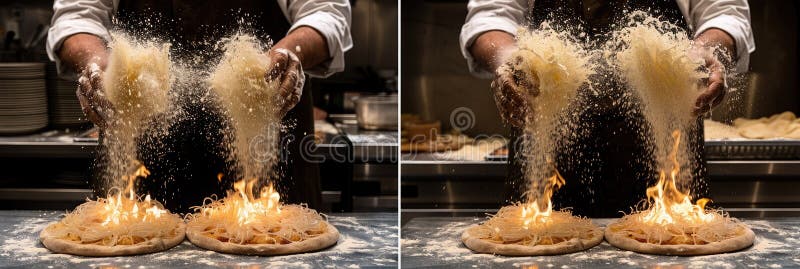 Flamb Pizza Preparation with Cheese and Flames Stock Illustration ...