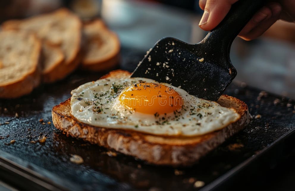 Chef Flips Fried Egg with Spatula on Griddle in Restaurant Kitchen ...