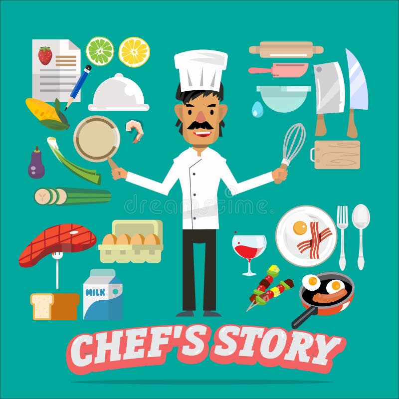 Chef with Food and Kitchen Element - Stock Illustration - Illustration ...