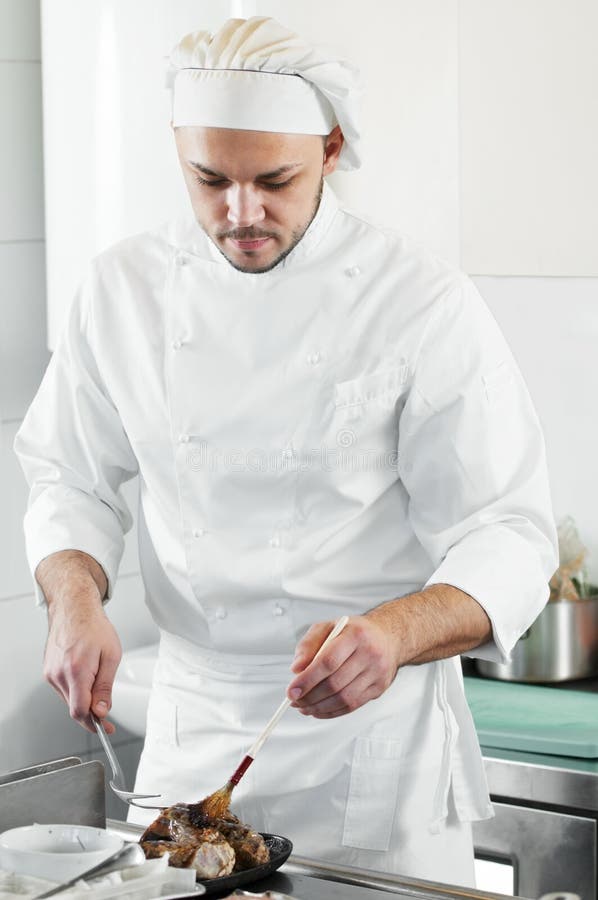 Chef Frying Beef Steak on Grill Stock Photo - Image of clothing, chef ...