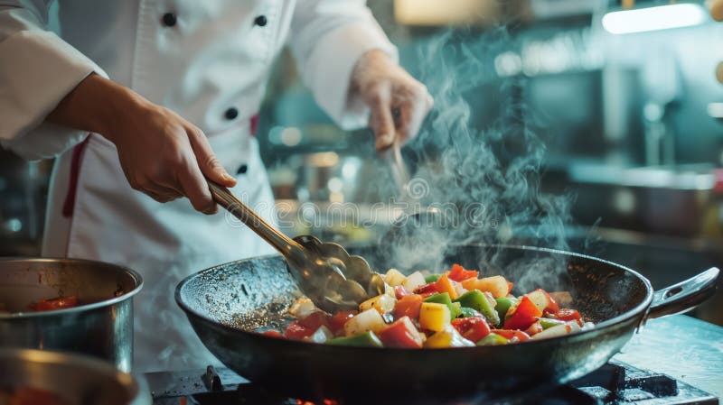Chef Frying Vegetables on Pan Chef Cooking in Restaurant Stock Image ...