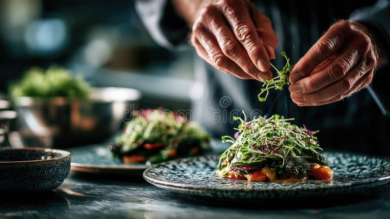 Chef Garnishing Dish with Microgreens in Fine Dining Setting Stock ...