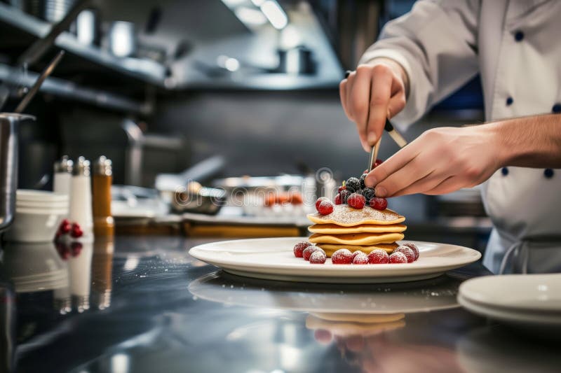 Chef Garnishing Pancakes with Berries in a Restaurant Kitchen Stock ...