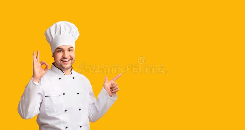 Chef Gesturing Okay Pointing Finger at Copy Space, Yellow Background ...