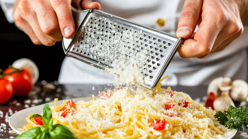Chef Grating Parmesan Cheese Over Spaghetti in Restaurant Kitchen Stock ...