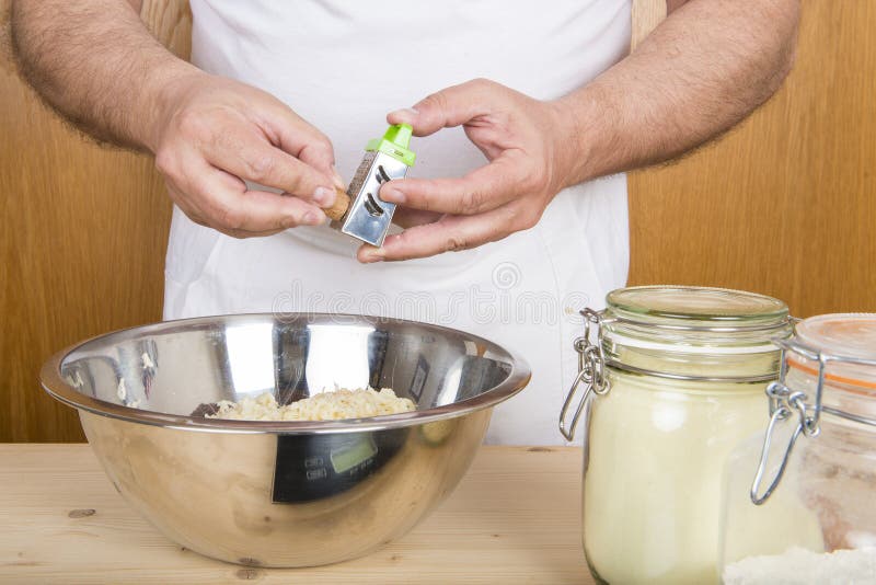 Chef Gratting Nutmeg on the Gnocchi Mix Dough Stock Photo - Image of ...