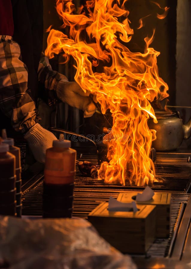 Chef Grilling Bbq with Flame of Burning in Restaurant Stock Photo ...