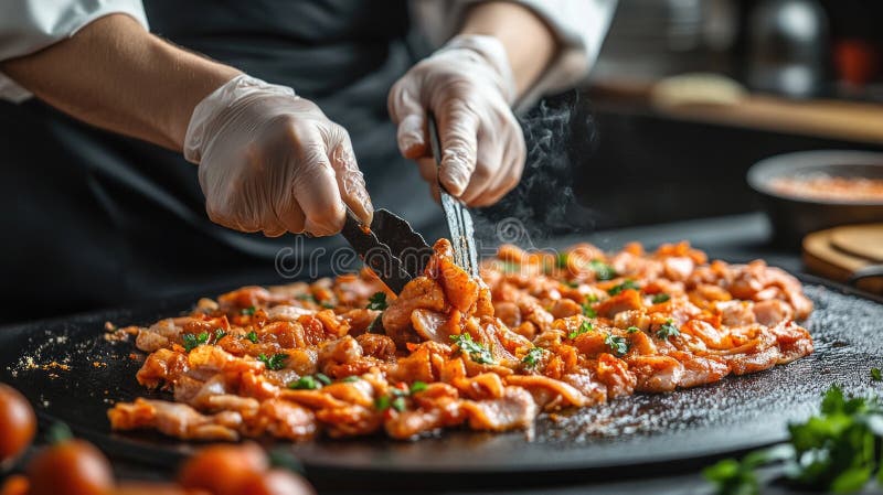 Chef Grilling Marinated Chicken on Hot Griddle in Restaurant Kitchen ...