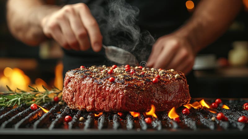 Chef Grilling Steak, Peppercorns, Fire Background, Restaurant Food ...