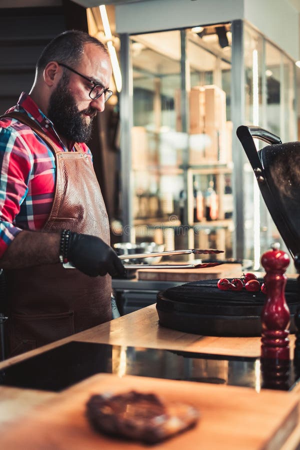 Chef Grilling Steak in a Restaurant Stock Image - Image of protein ...