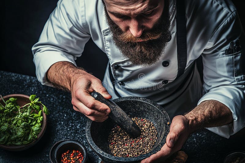 Chef Grinding Spices with Mortar and Pestle in a Modern Kitchen Setting ...