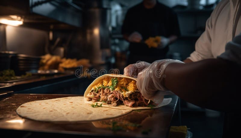 The Chef Hand Prepares a Gourmet Taco in Commercial Kitchen Generated ...