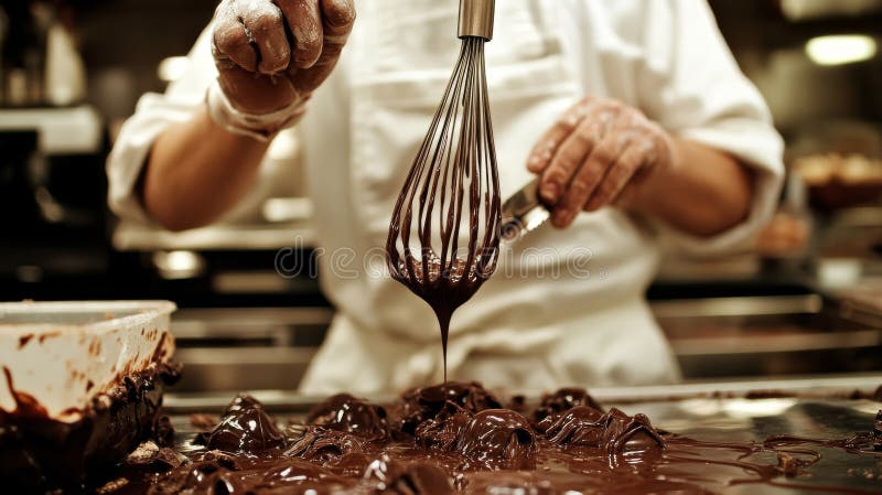 Chef Handling Melted Chocolate with Whisk in a Professional Kitchen ...