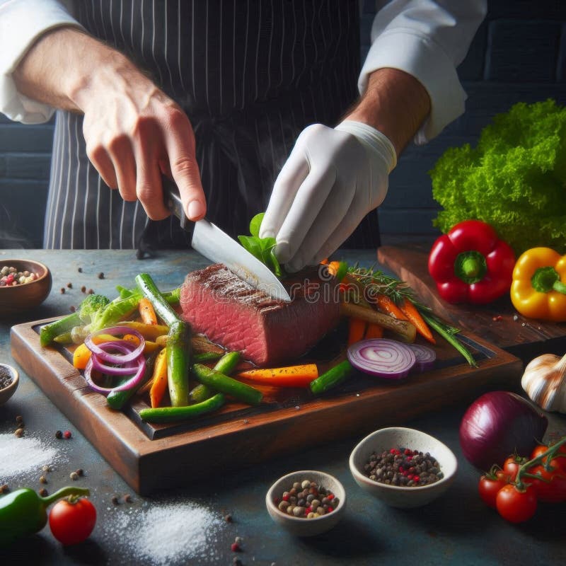 Chef Hands Cooking in Hotel Kitchen: Preparing Beef Steak with ...