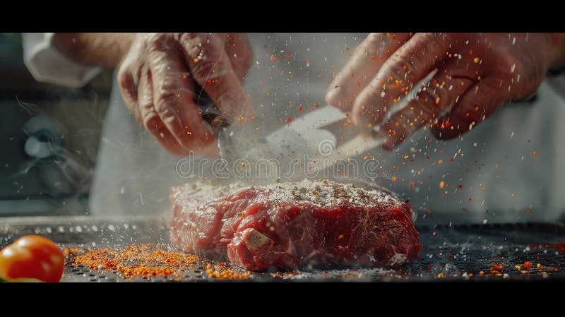 Chef Hands Cooking Meat Steak and Adding Seasoning in a Freeze Motion ...