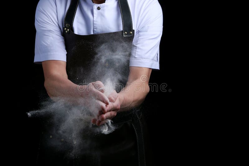 Chef Hands in Flour on Black Background. Clap with Flour. Baking Bread ...