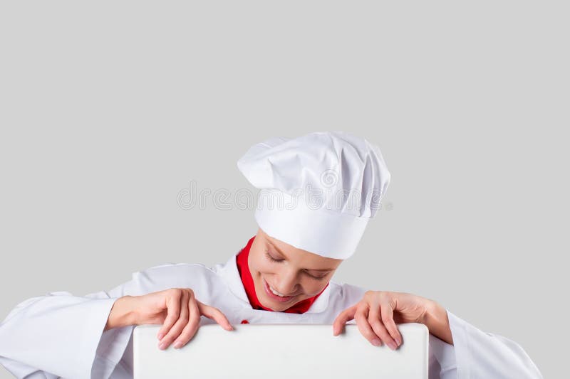 Chef Hands Holding White Banner Stock Photo - Image of cook, female ...