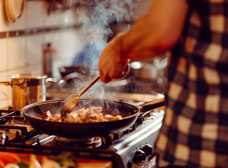 Chef Hands Keep Wok with Fire. Closeup Chef Hands Cook Food with Fire ...