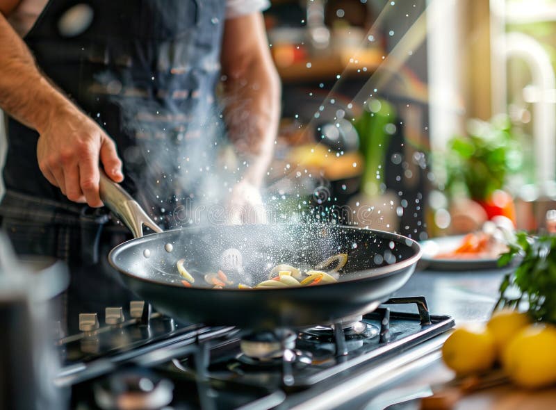 Chef Hands Keep Wok with Fire. Closeup Chef Hands Cook Food with Fire ...
