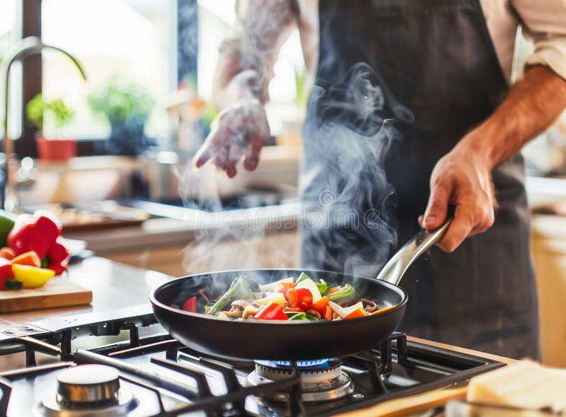 Chef Hands Keep Wok with Fire. Closeup Chef Hands Cook Food with Fire ...