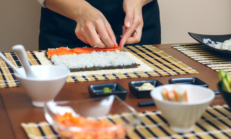 Chef Hands Placing Ingredients on Rice Stock Image - Image of asian ...
