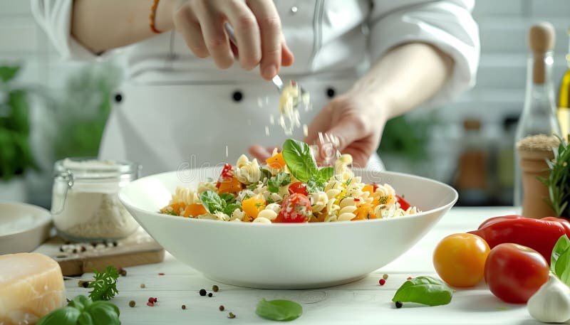 Chef Hands Preparing Delicious Cold Pasta Salad on the Table Closeup ...