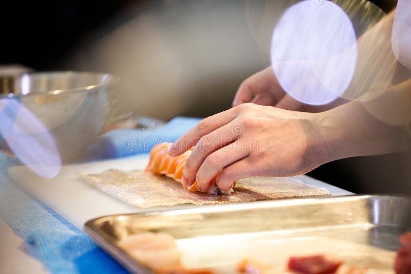 Chef Hands Preparing Japanese Food, Chef Making Sushi, Preparing Stock ...