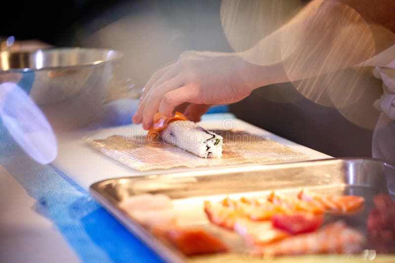 Chef Hands Preparing Japanese Food, Chef Making Sushi, Preparing Stock ...