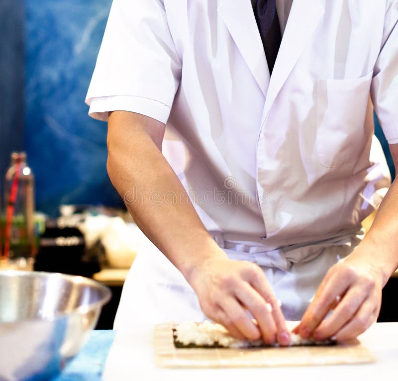 Chef Hands Preparing Japanese Food, Chef Making Sushi, Preparing Stock ...