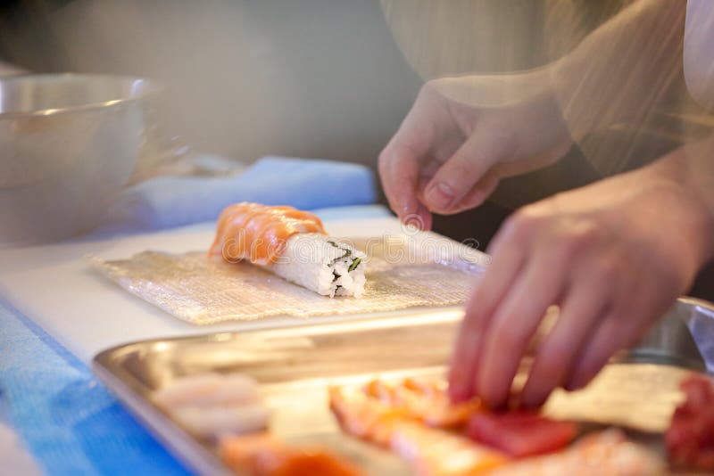 Chef Hands Preparing Japanese Food, Chef Making Sushi, Preparing Stock ...