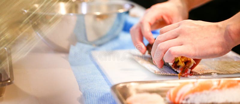 Chef Hands Preparing Japanese Food, Chef Making Sushi, Preparing Stock ...
