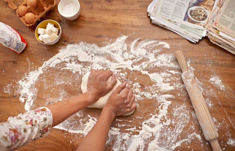 Chef, Hands and Recipe for Dough on Table, Baking in Kitchen and Above ...