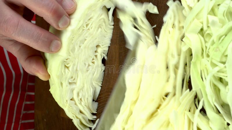 Chef Hands Slicing White Cabbage with Sharp Knife into Pieces on ...