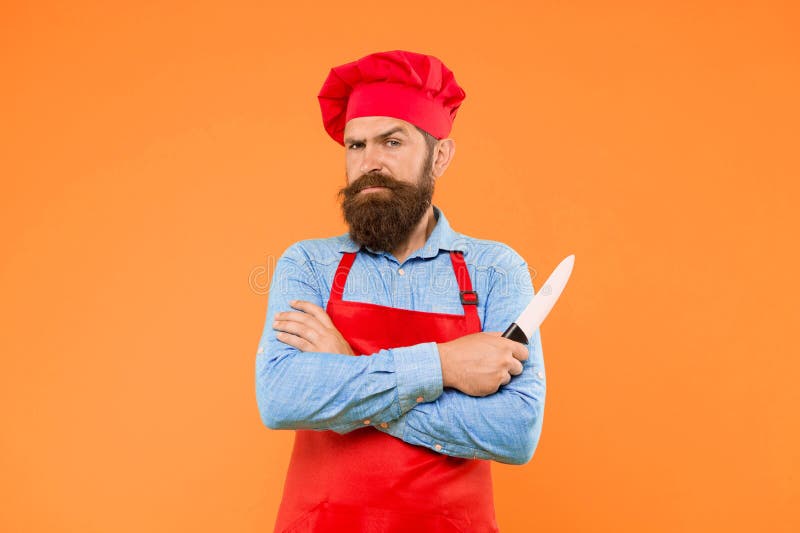 Chef Handsome Bearded Cook in Red Uniform Hold Sharp Professional Knife ...