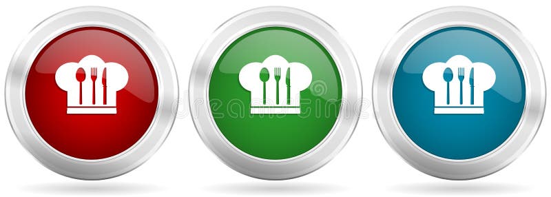 Chef Hat, Cook and Kitchen Vector Icon Set. Red, Blue and Green Silver ...