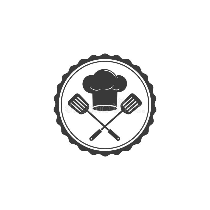 Chef Hat and Crossed Spatulas Emblem in Simple Black and White Flat ...